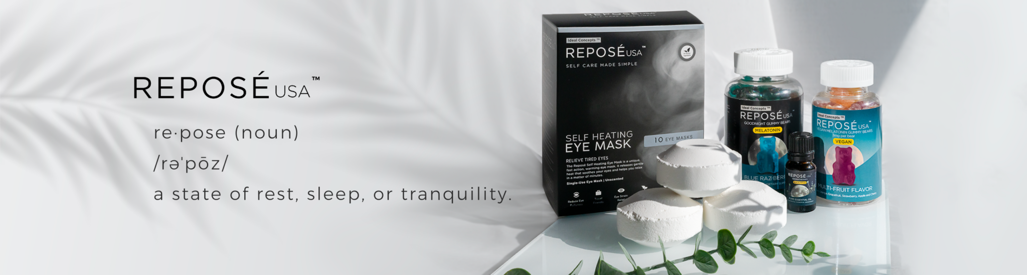 Reposé Self-Care | Self Heating Eye Mask & Melatonin Gummies.